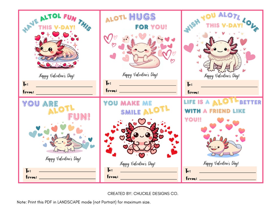 Printable Axolotl Kids Valentine's Day Cards, Valentine's Day Cards for ...