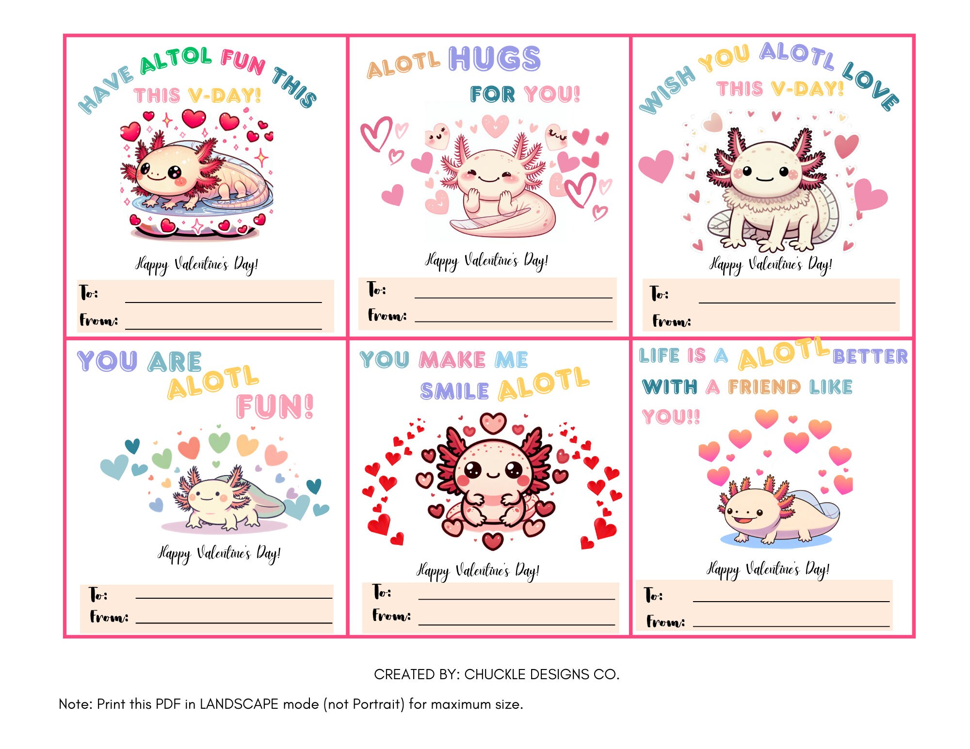 Printable Axolotl Kids Valentine's Day Cards, Valentine's Day Cards for ...