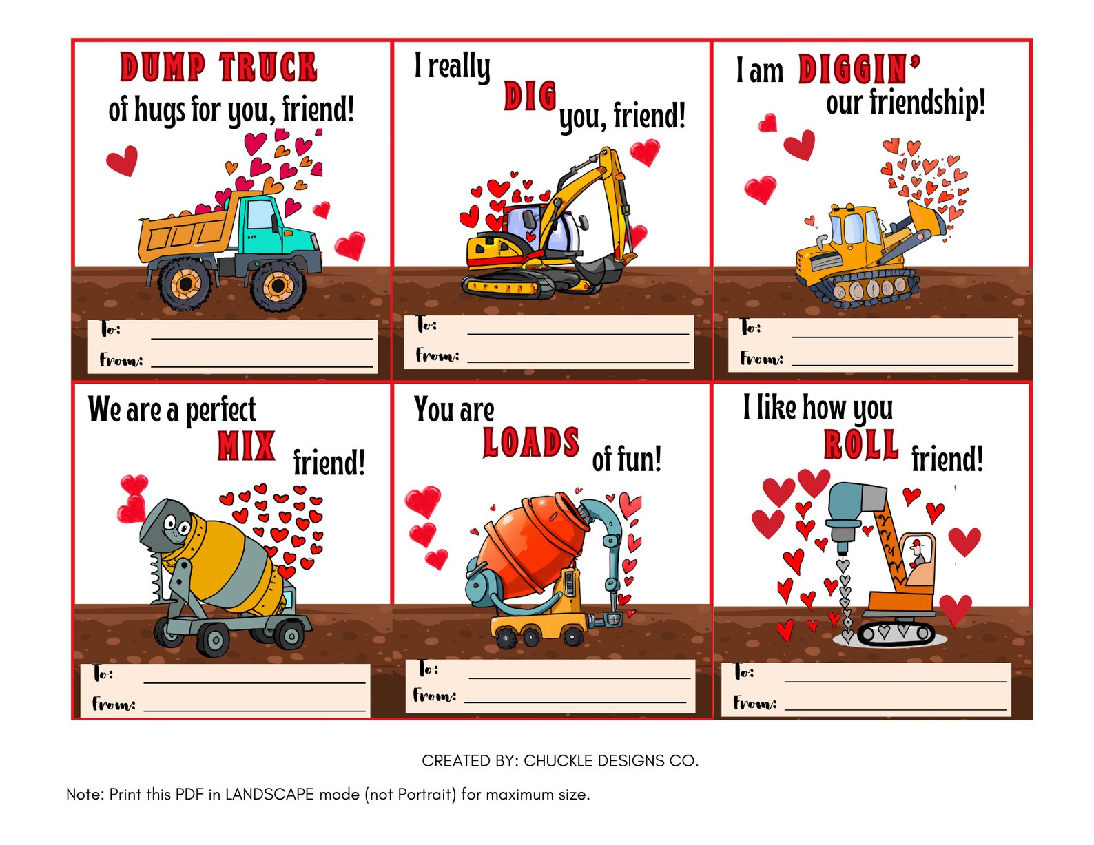 Printable Construction Kids Valentine's Day Cards, Valentine's Day ...