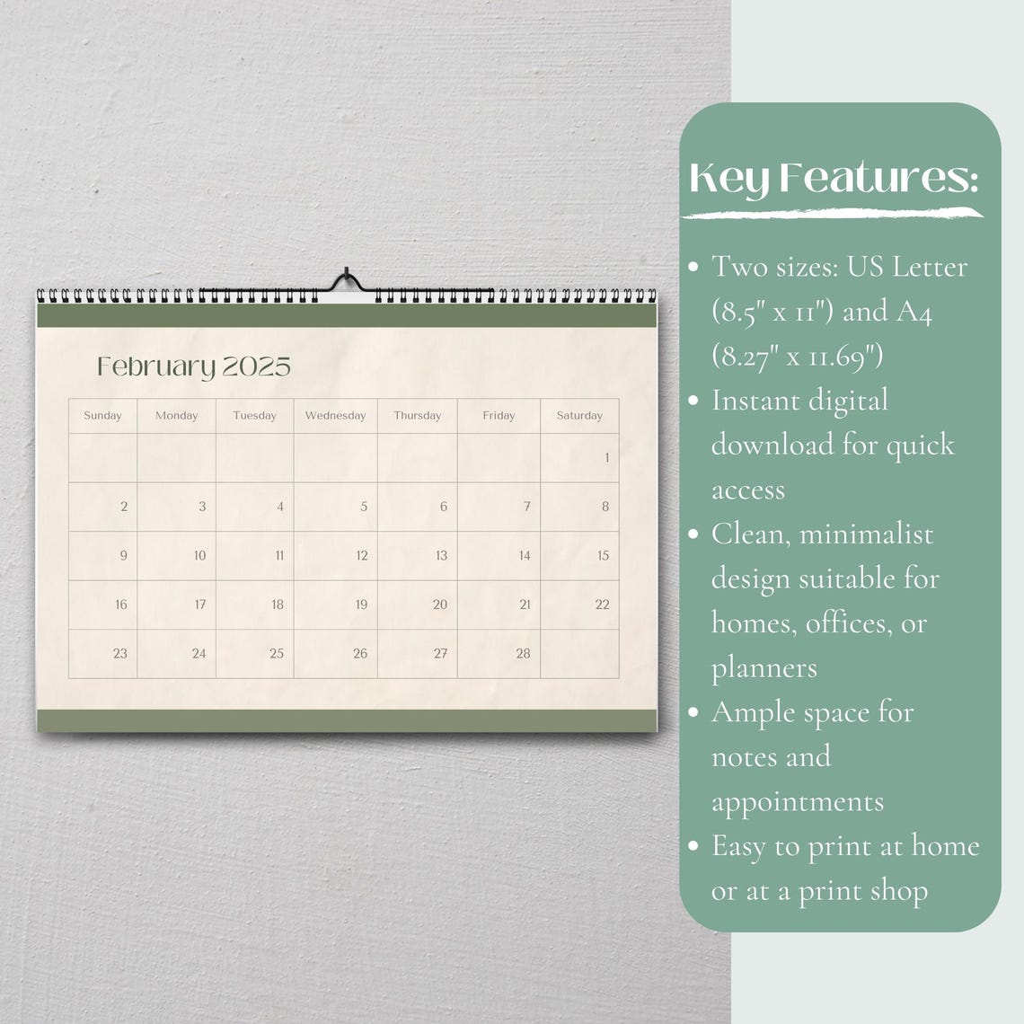 2025 Minimalist Printable Monthly Calendar, A4 & US Letter, Wall ...