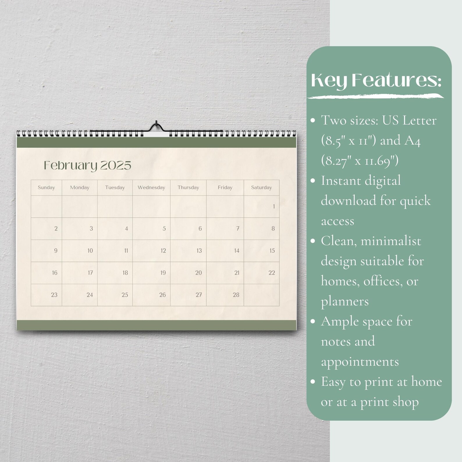 2025 Minimalist Printable Monthly Calendar, A4 & US Letter, Wall ...