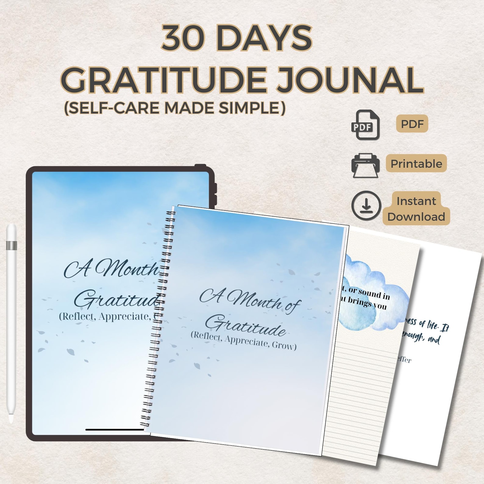 30 Days Daily Gratitude Worksheet Printable | Simple PDF Template for ...