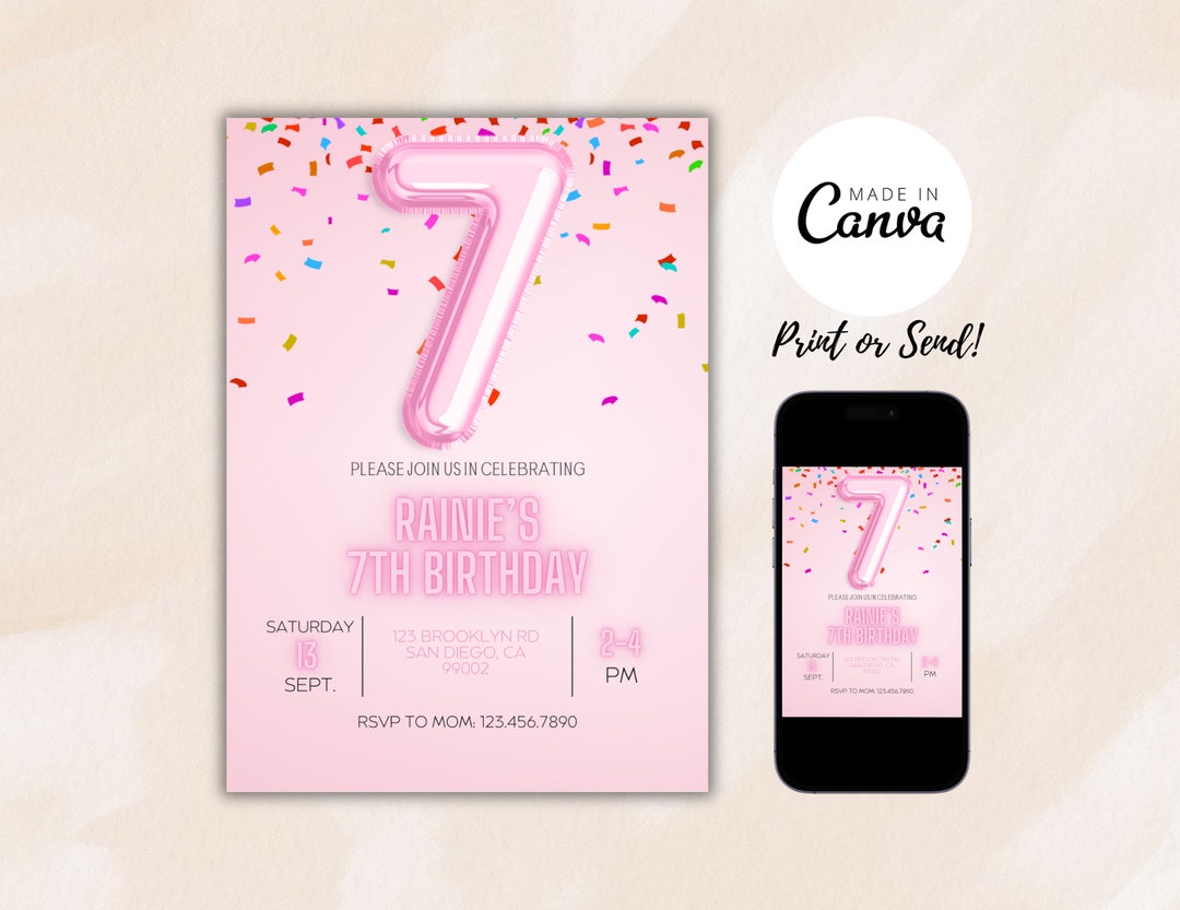 Foil Balloon 7th Birthday Invitation: Pink Confetti (digital Download ...
