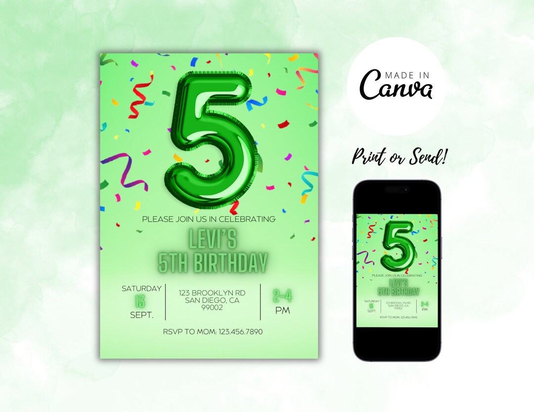 Birthday Invitation, 5th Birthday Invitation, Foil Balloon Birthday ...