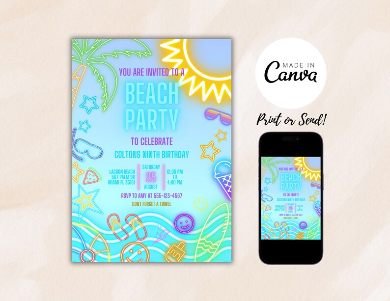 Neon Beach Party Birthday Invitation: Customizable Template (digital ...