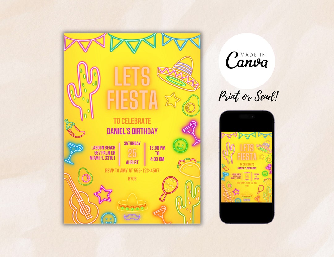 Editable Fiesta Birthday Invitation: Canva Template (digital Download ...