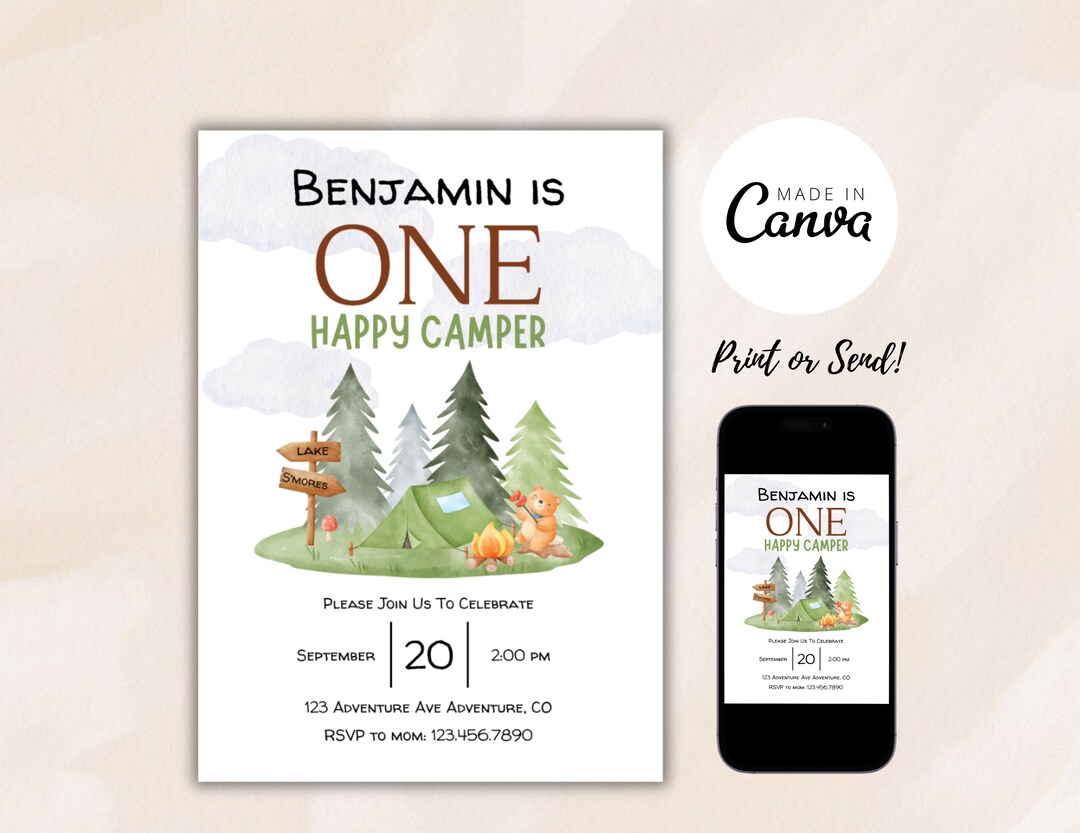 One Happy Camper Birthday Invitation: Editable Canva Template (digital ...