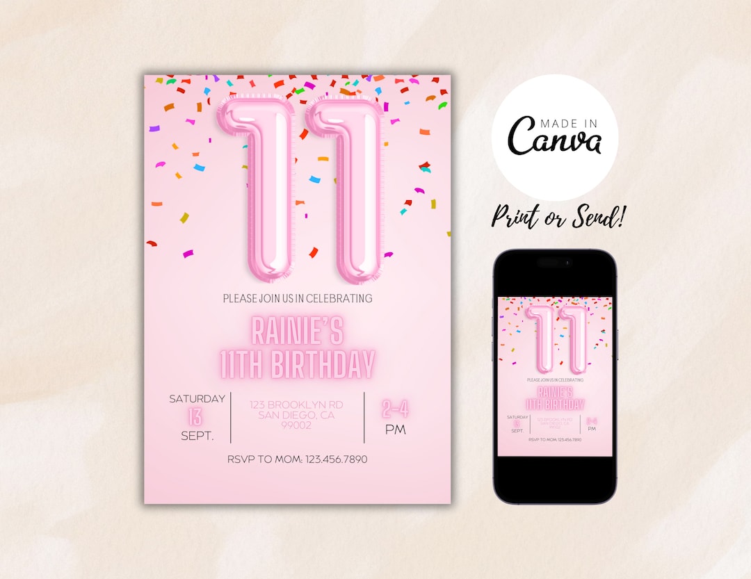 11th Birthday Invitation: Pink Balloons, Confetti (digital Download) - Etsy