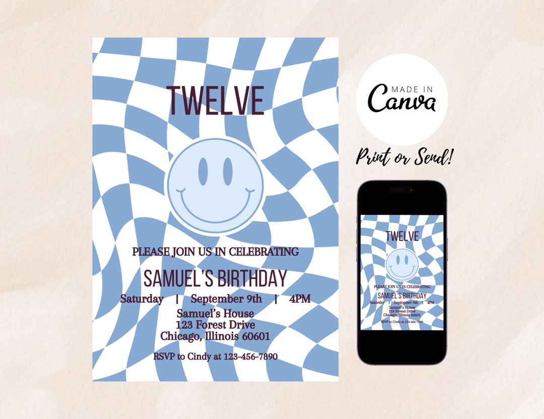 Birthday Invitation, Tween Birthday Invitation, Checkered Birthday ...