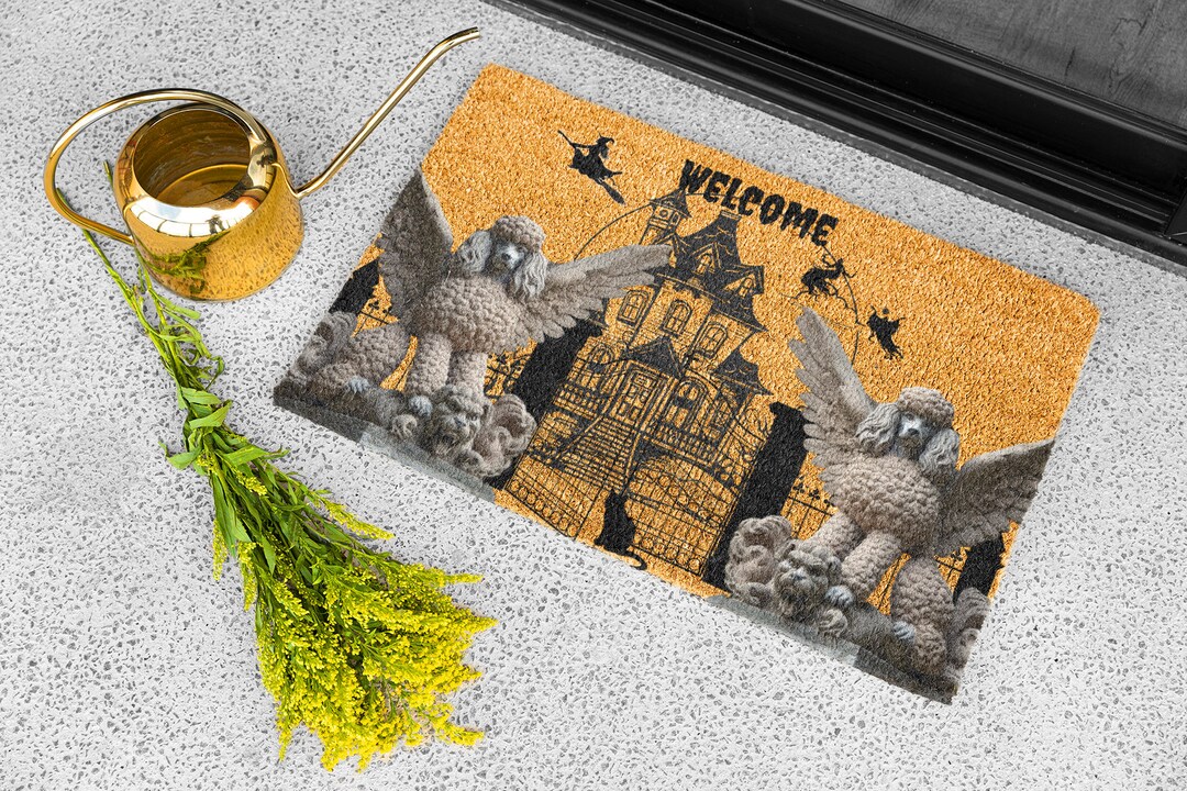 Angel Poodle Gargoyle Halloween Welcome Mat - Gothic Graveyard Entrance ...