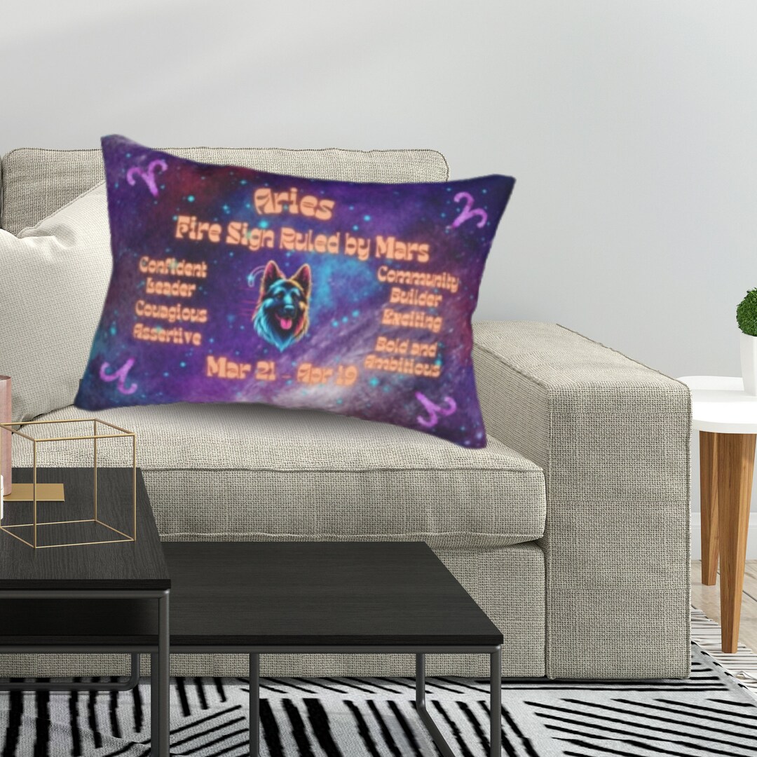 Celestial Zodiac Aries as German Shepherd Spun Polyester Lumbar Pillow in Neon Surreal Style ...