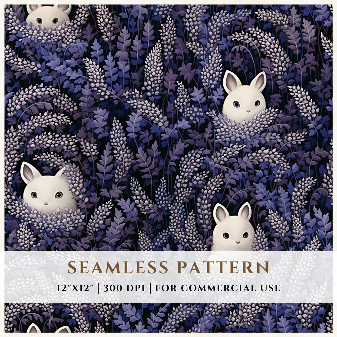 Rabbits in Lavender Field Seamless Pattern Digital Image, Cute White ...