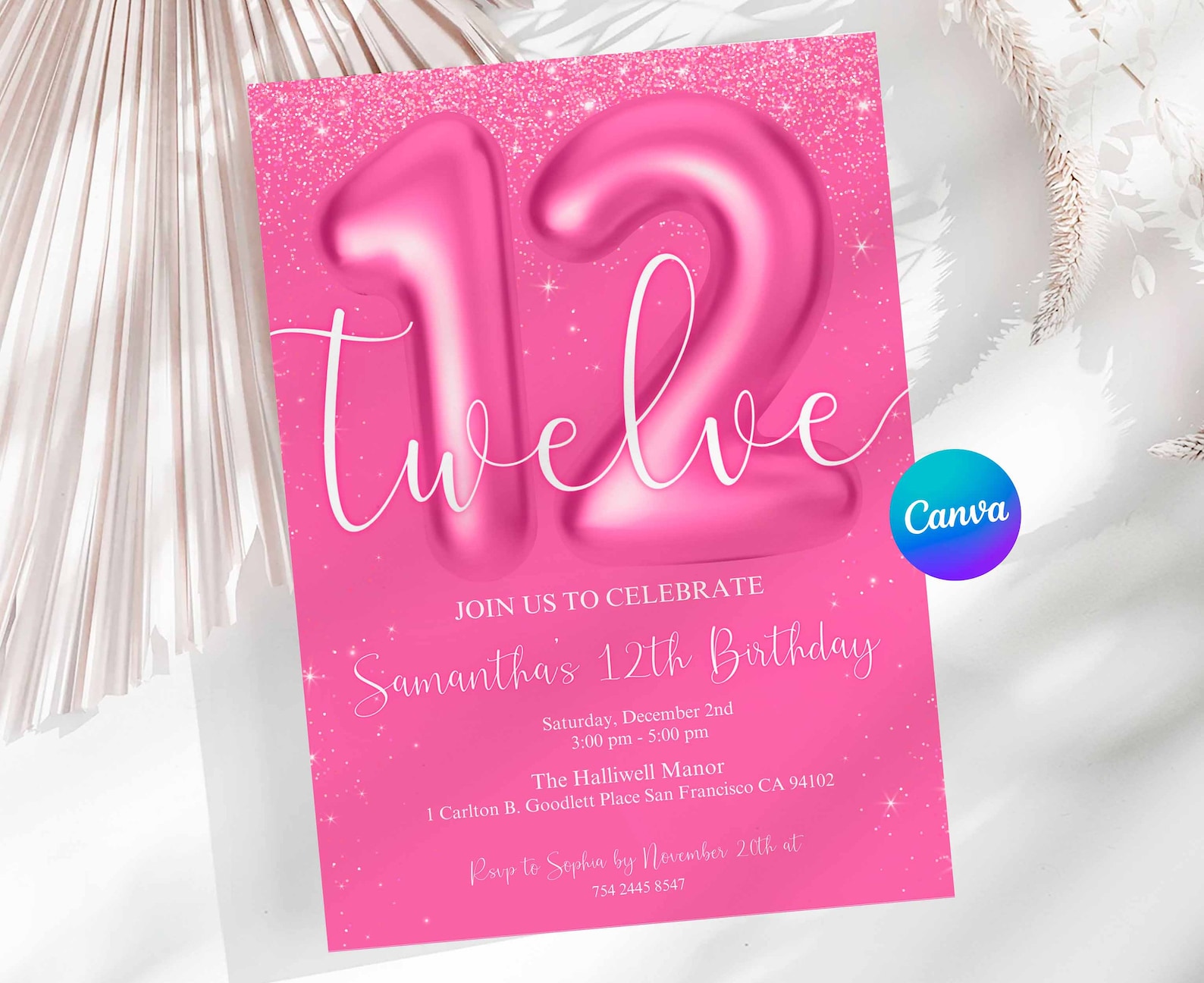 Glitter Pink 12th Birthday Invitation Template, Twelve Glitter Birthday ...