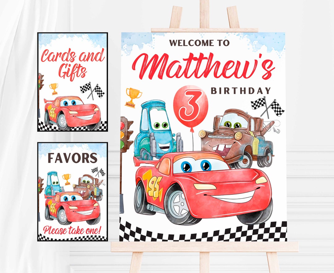 Watercolor Cars Lightning Mcqueen, Mater Welcome Sign, Race Sign Favor ...