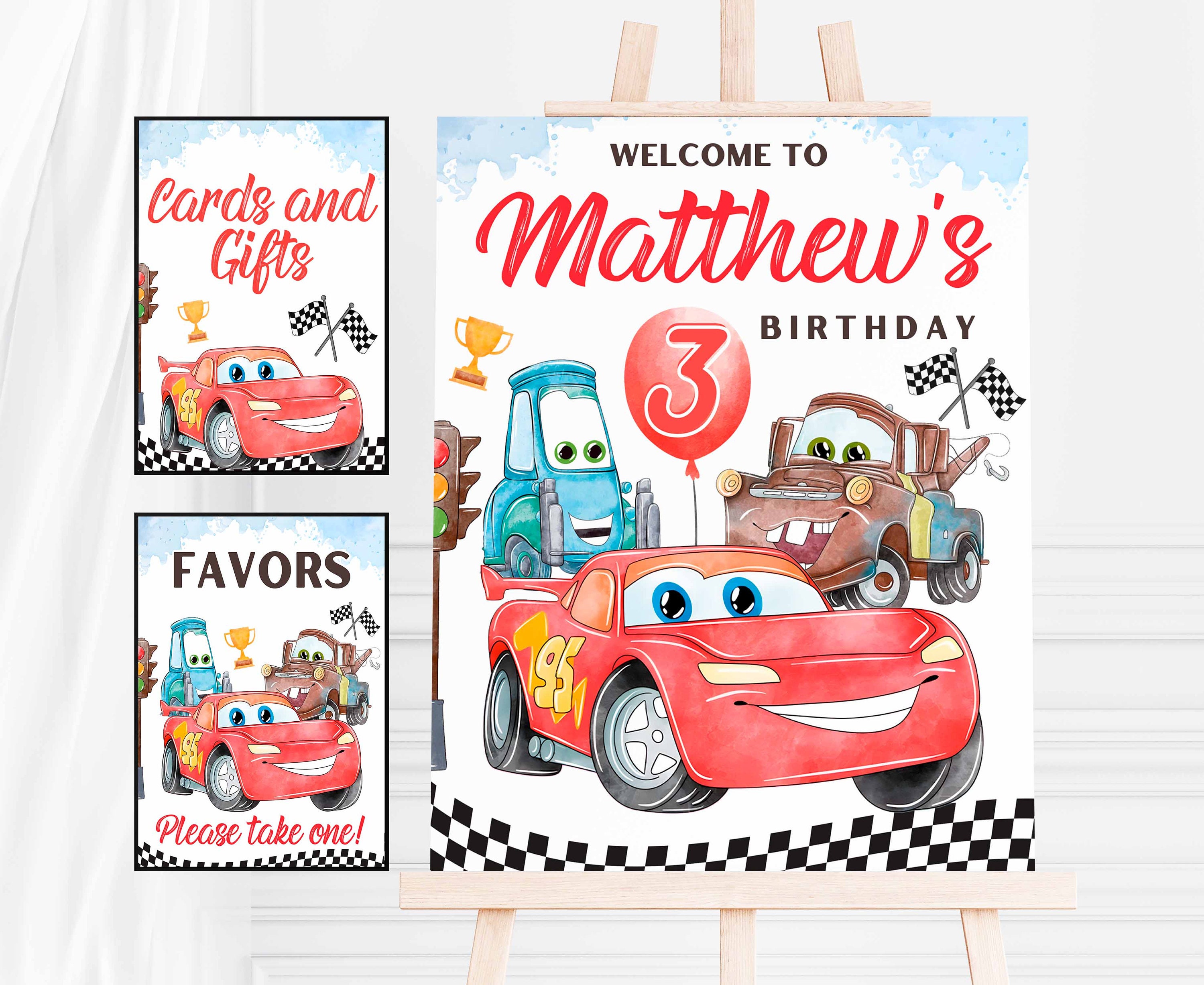 Watercolor Cars Lightning Mcqueen, Mater Welcome Sign, Race Sign Favor ...