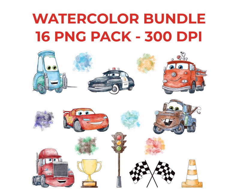 Watercolor Cars Mcqueen Bundle PNG Pack - 300 DPI - Watercolor Cars ...