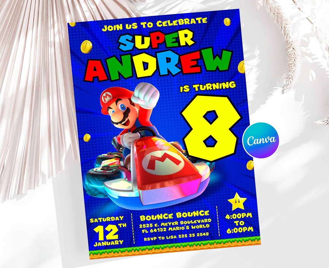 Super Mario Editable Birthday Invitation, Mario Kart Invite, Blue ...