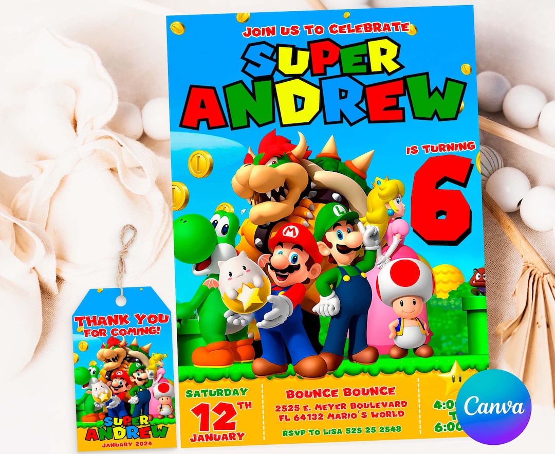Super Mario Editable Birthday Invitation, Canva Template - Etsy