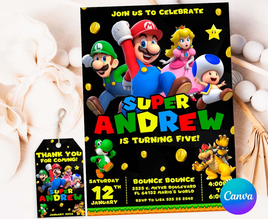 Super Mario Editable Birthday Invitation, Canva Template - Etsy