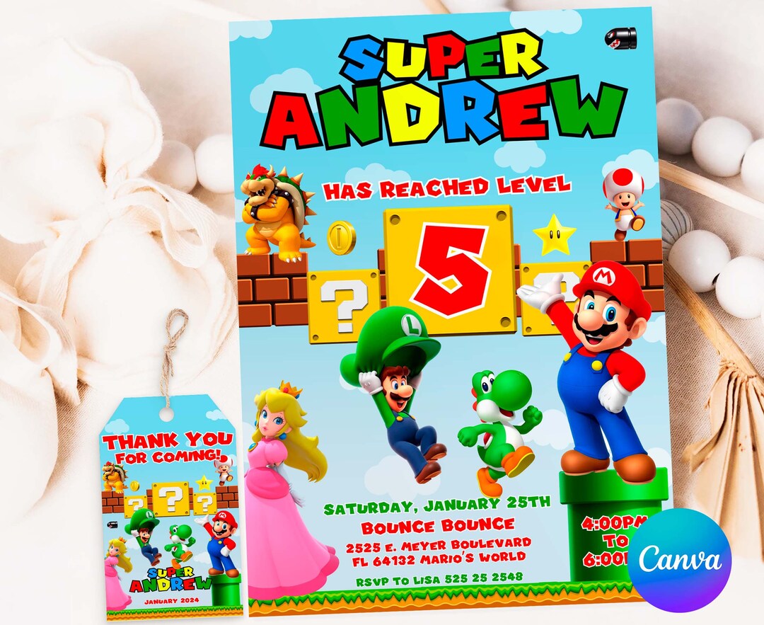 Super Mario Editable Birthday Invitation, Canva Template - Etsy