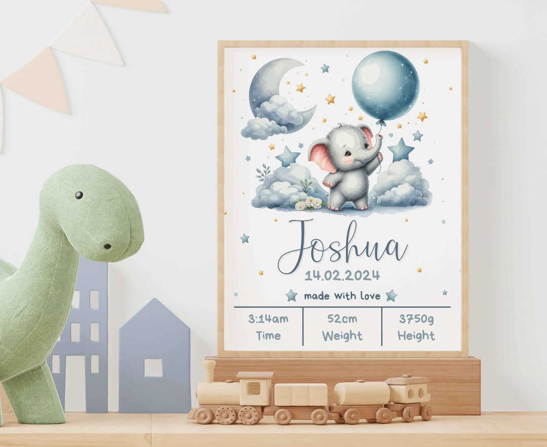 Watercolor Baby Elephant Birth Print, New Baby Boy Gift, Digital ...