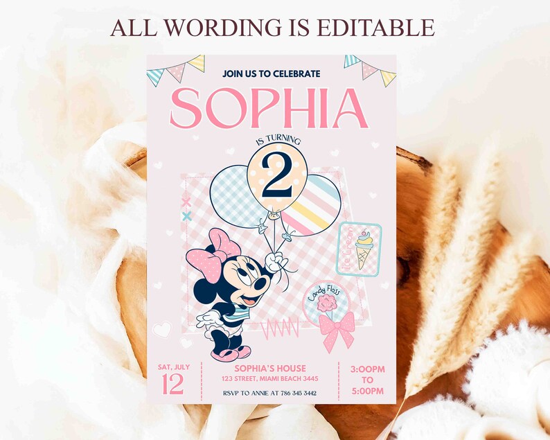 Baby Minnie Balloons Birthday Invitation, Girl Birthday Invitation ...