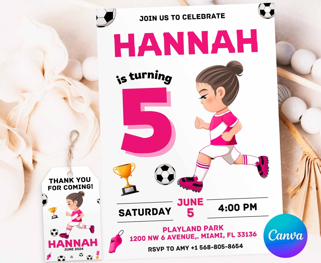 Pink Soccer Girl Birthday Invitation, Soccer Invitation, Canva Template ...
