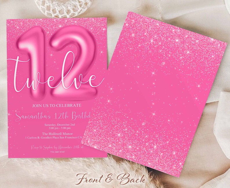 Glitter Pink 12th Birthday Invitation Template, Twelve Glitter Birthday ...