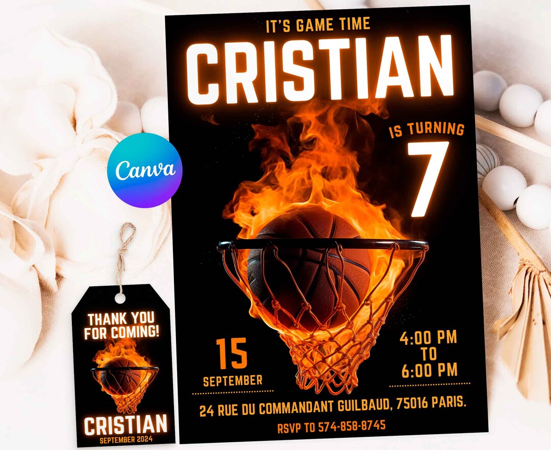 Black Basketball Birthday Invitation, on Fire Basket Invitation ...