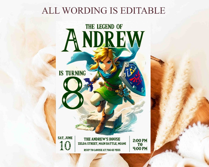 Watercolor the Legend of Zelda Birthday Invitation, Link Birthday ...