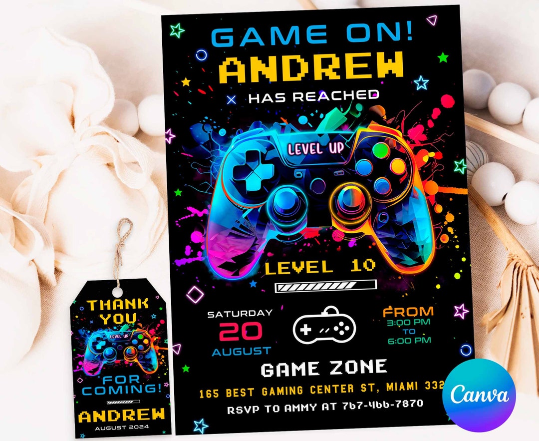 Neon Video Game Party Invitation, EDITABLE Level up Birthday Invite ...
