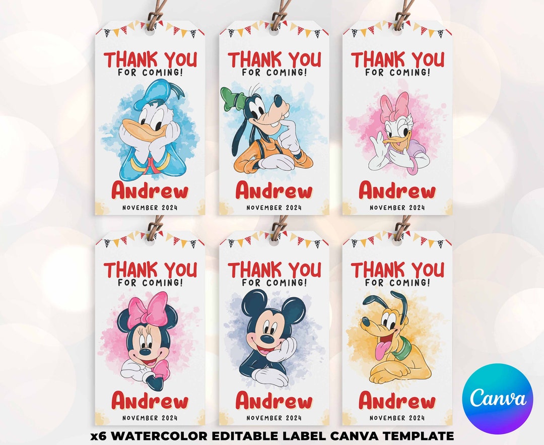 Watercolor Mickey Label, Tag, Canva Template - Etsy