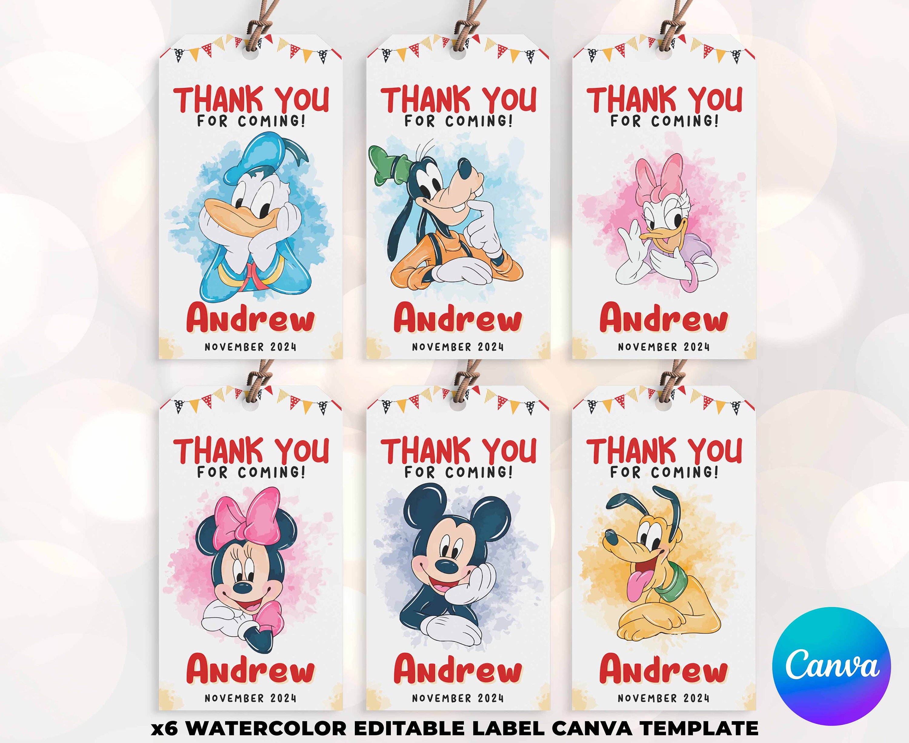 Watercolor Mickey Label, Tag, Canva Template - Etsy
