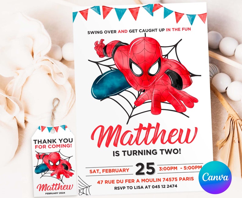 Watercolor Spiderman Editable Birthday Invitation, Canva Template - Etsy