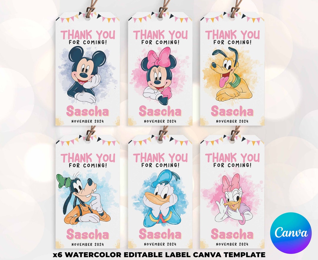 Watercolor Mickey Label, Tag, Canva Template - Etsy