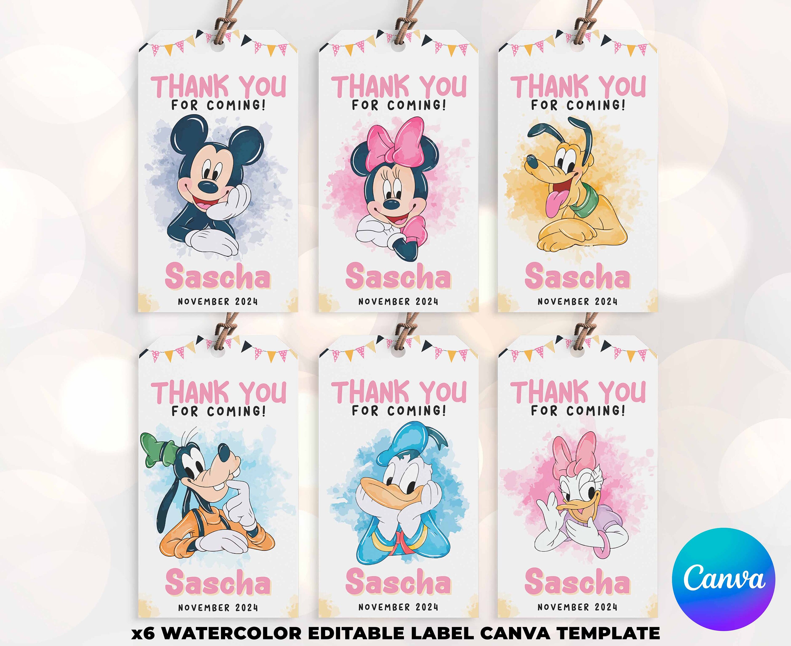 Watercolor Mickey Label, Tag, Canva Template - Etsy