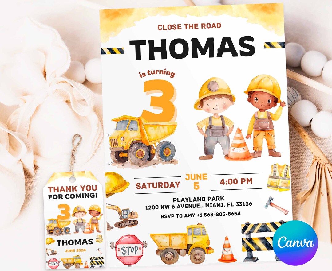 Watercolor Construction Invitation, Traffic Birthday Invitation, Stop ...