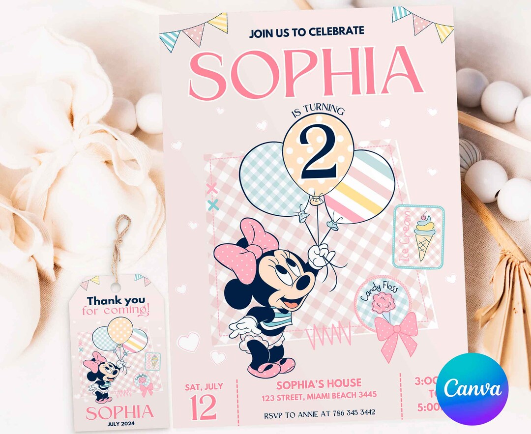 Baby Minnie Balloons Birthday Invitation, Girl Birthday Invitation ...