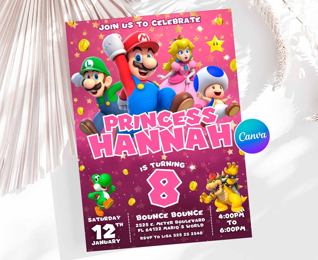 Super Mario Editable Birthday Invitation, Princess Peach Invite, Pink ...