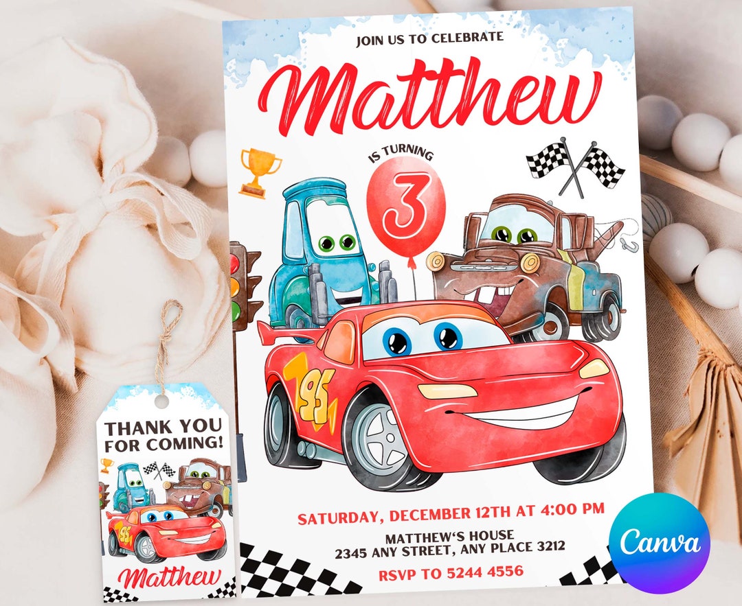 Watercolor Cars Lightning Mcqueen, Mater Birthday Invitation, Race ...