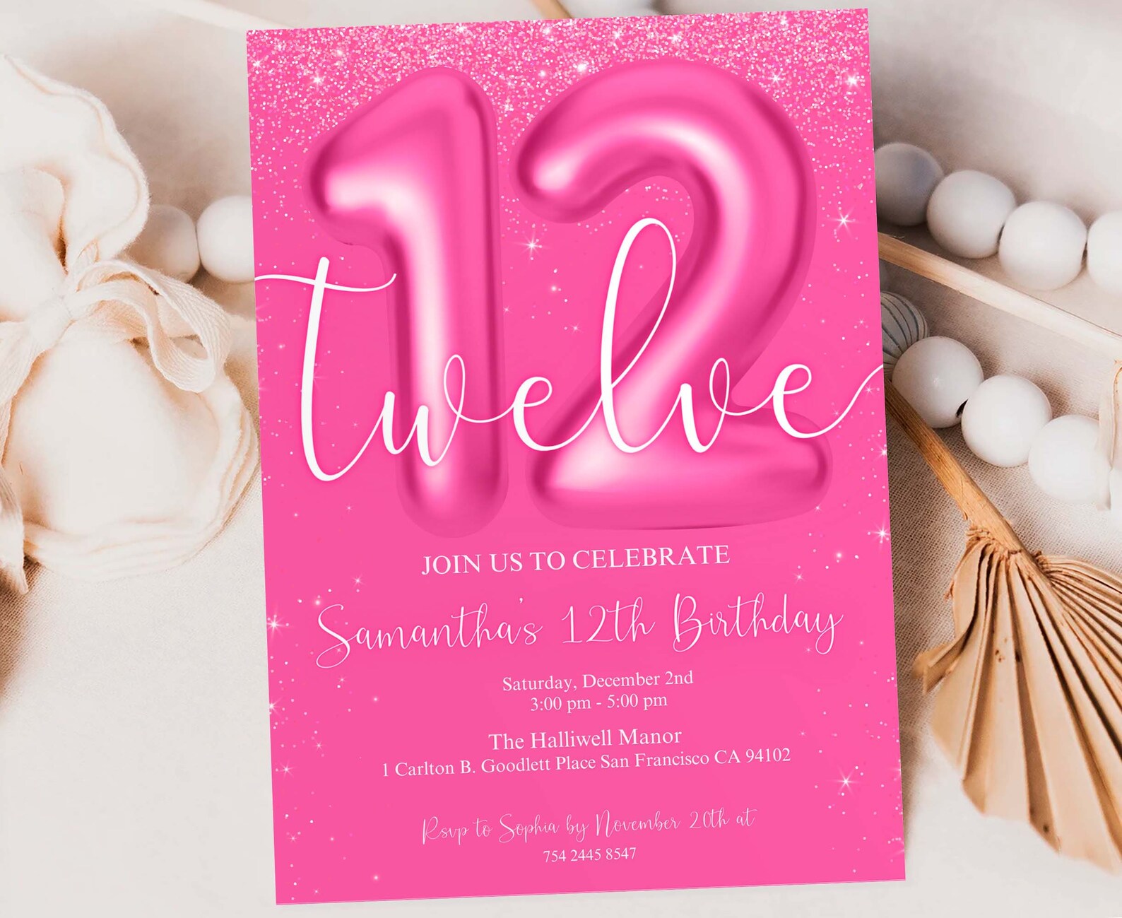 Glitter Pink 12th Birthday Invitation Template, Twelve Glitter Birthday ...