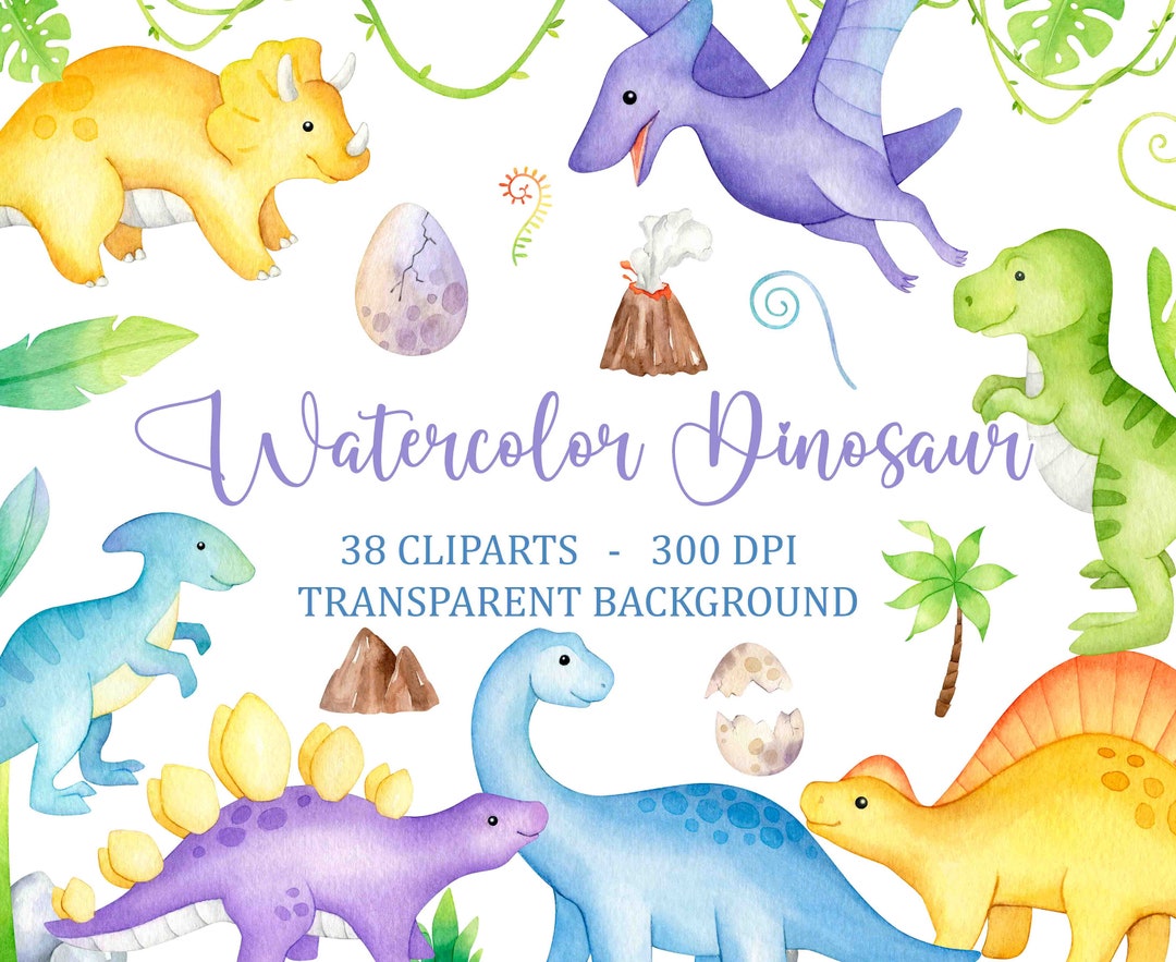 Watercolor Cute Dinosaur Clipart PNG File 300DPI - Etsy