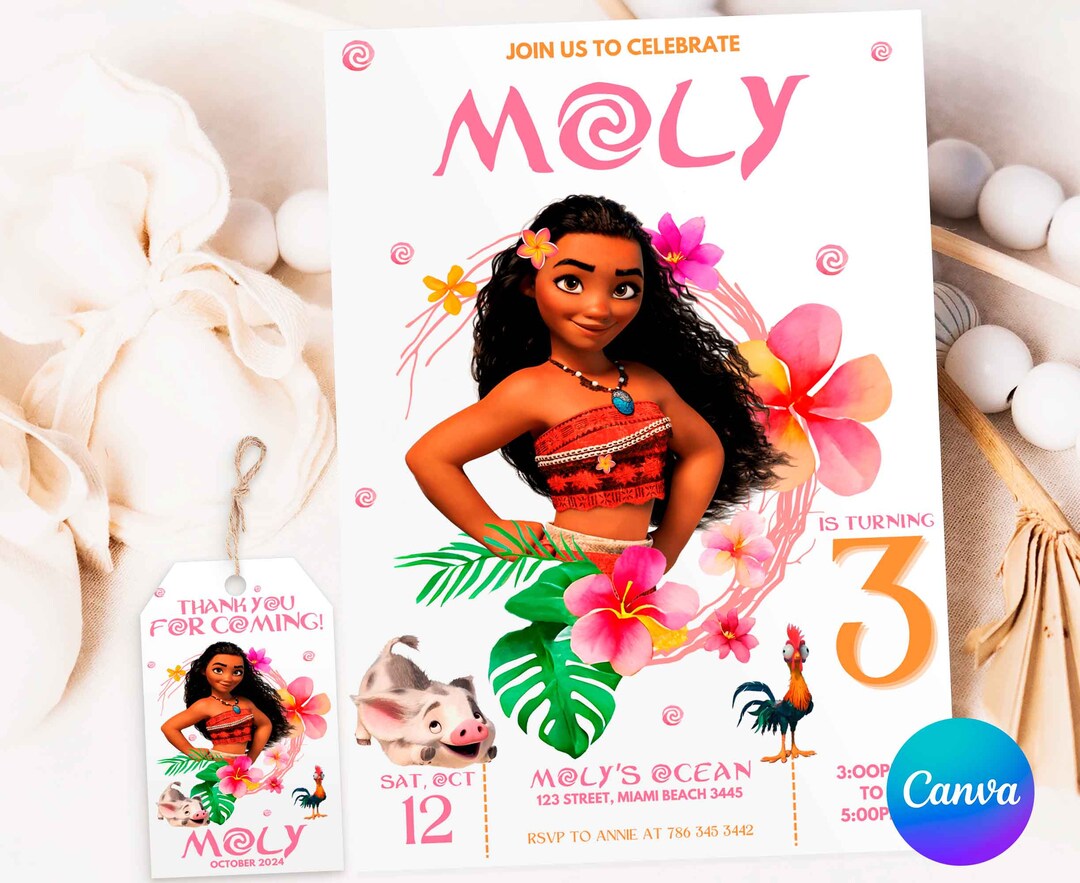 Ocean Moana Invitation, Girl Birthday Invitation, Watercolor Moana ...