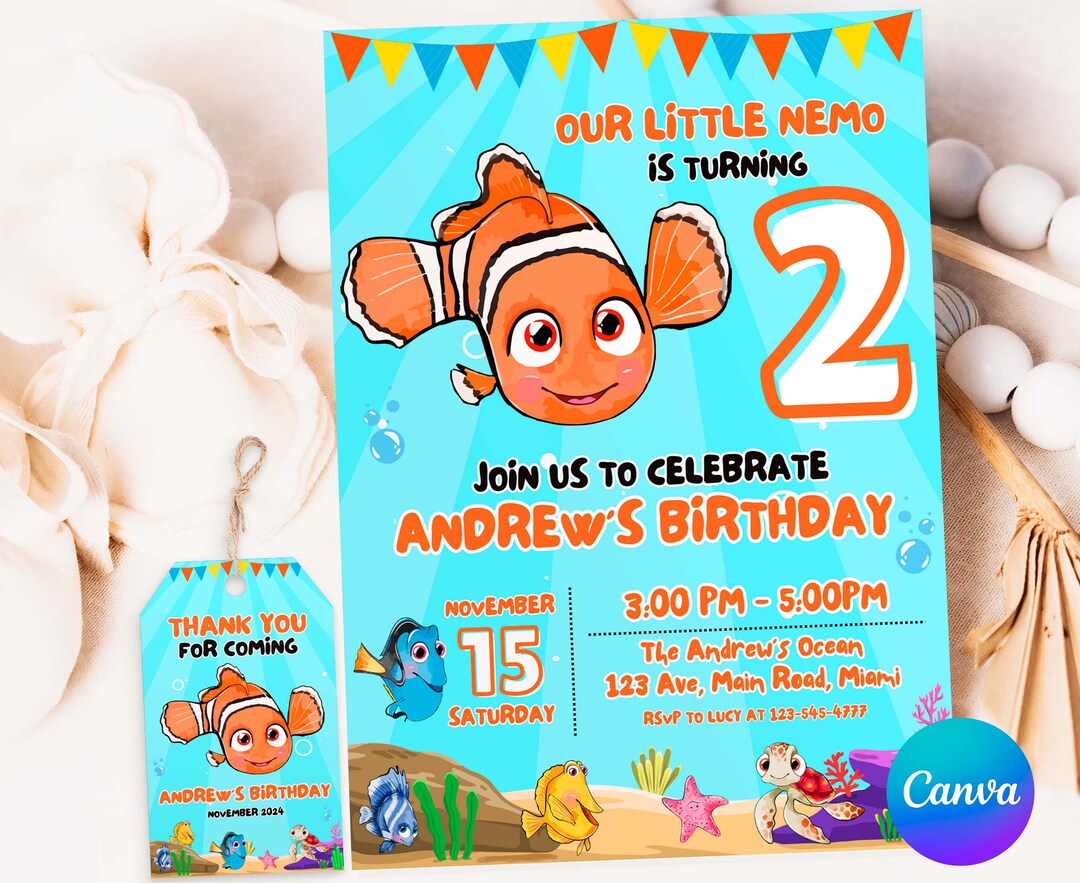 Watercolor Nemo Birthday Invitation, Ocean Birthday Invite, Canva ...