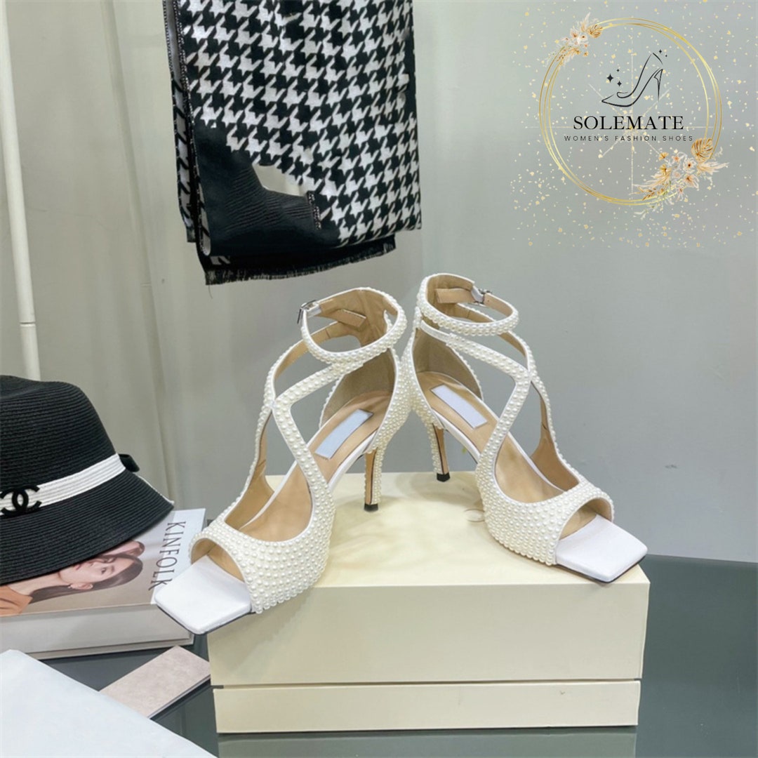 White Pearl Heels With Ankle Starp and Open Toe Weeding - Etsy