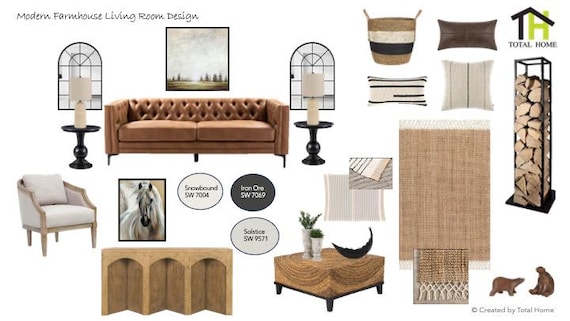 Erschwingliche moderne Bauernhaus Wohnzimmer Stimmungskarte naturliche Holzelemente zeitloses Design minimalistischer Design Stil maskulines Design Etsy