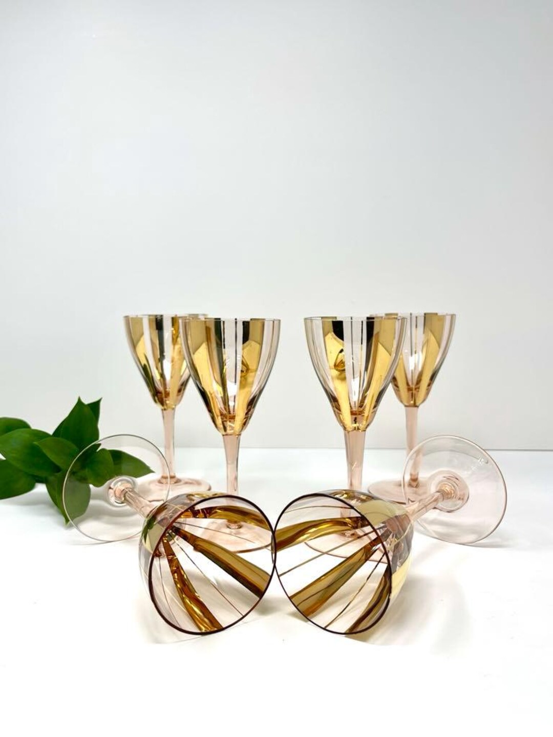 Vintage Blush & Gold Fluted Wine Glasses – Set of 6 | Mid-century ...