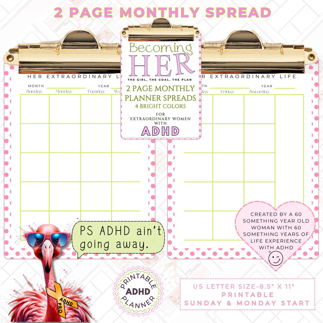 Adult ADHD Monthly Planner Printable Planner Sunday Monday Start 2 Page ...