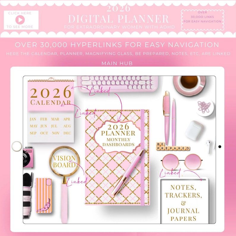 2026 Digital ADHD Planner W/cute Pink Planner Charm Stickers, Digital ...