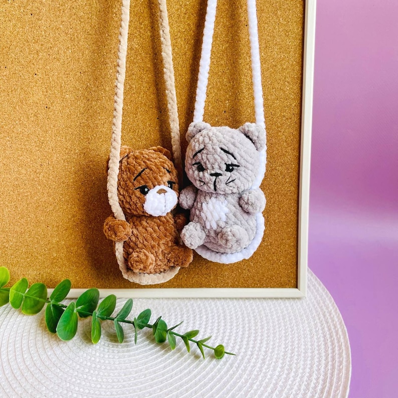 Crochet Animal Car Mirror Hanger Pdf Pattern Cute Keychain Bunny Cat ...